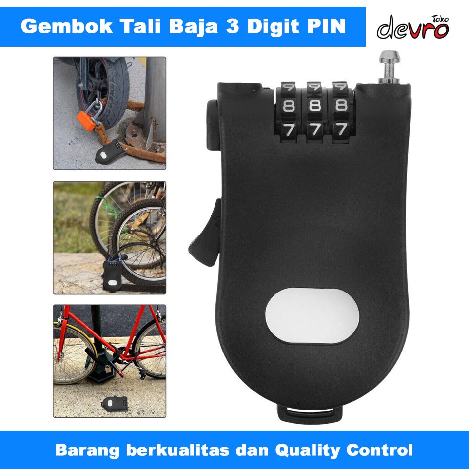 Jual Gembok Tali Baja 3 PIN - Gembok Kunci Sepeda 3 Digit - Kunci Helm ...