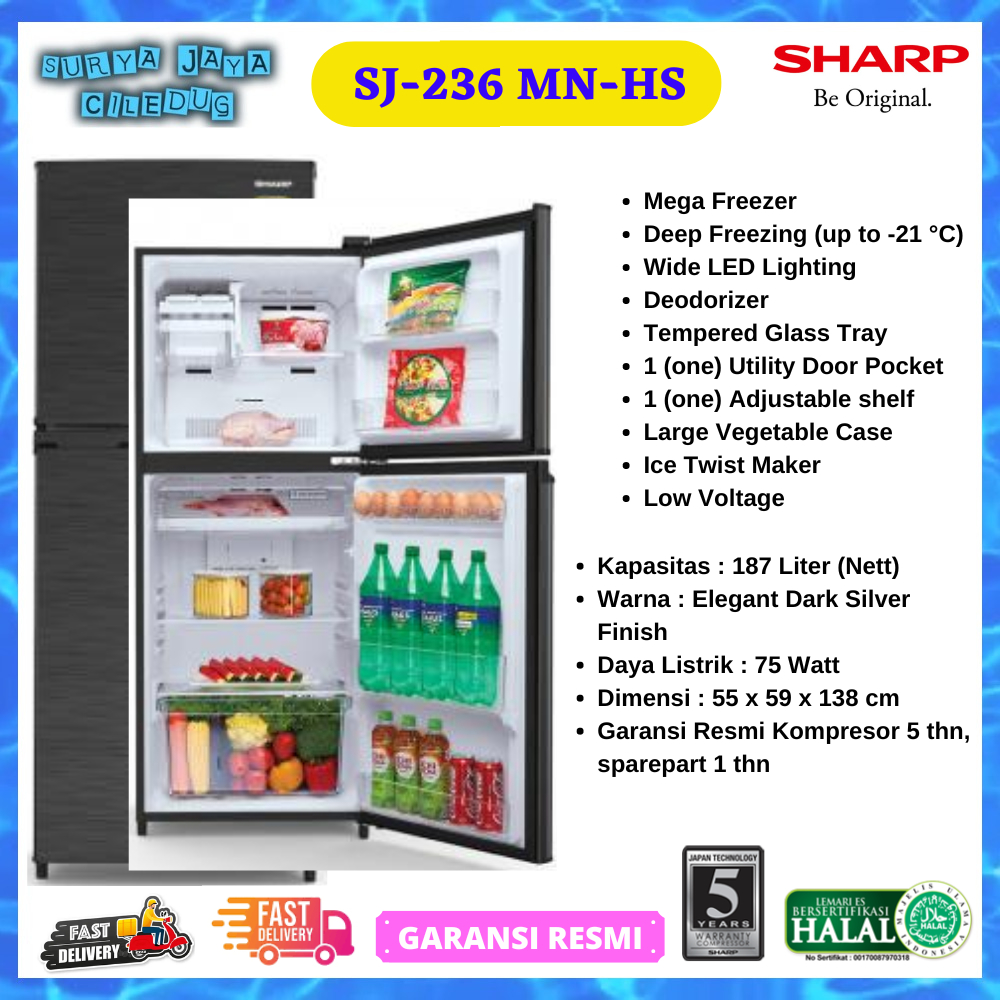 Jual KULKAS SHARP SJ-236MN-HS, SJ 236 MN, 236 MN HS 2 PINTU 187 LITER ...
