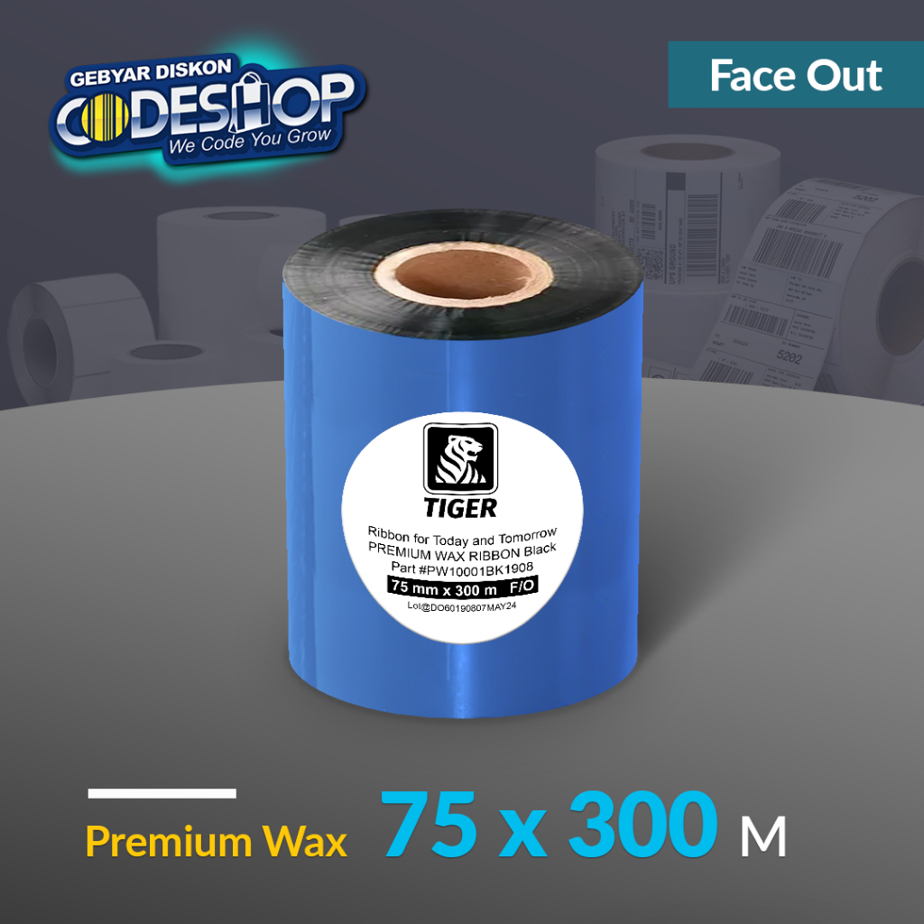 Jual TIGER Ribbon Premium Wax 75x300 M Tinta Printer Barcode Face Out ...