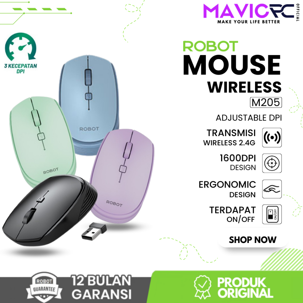 Jual ROBOT M205 Wireless Mouse Optical 2.4Ghz Power ON/OFF 1600DPI Receiver USB untuk PC Laptop ...