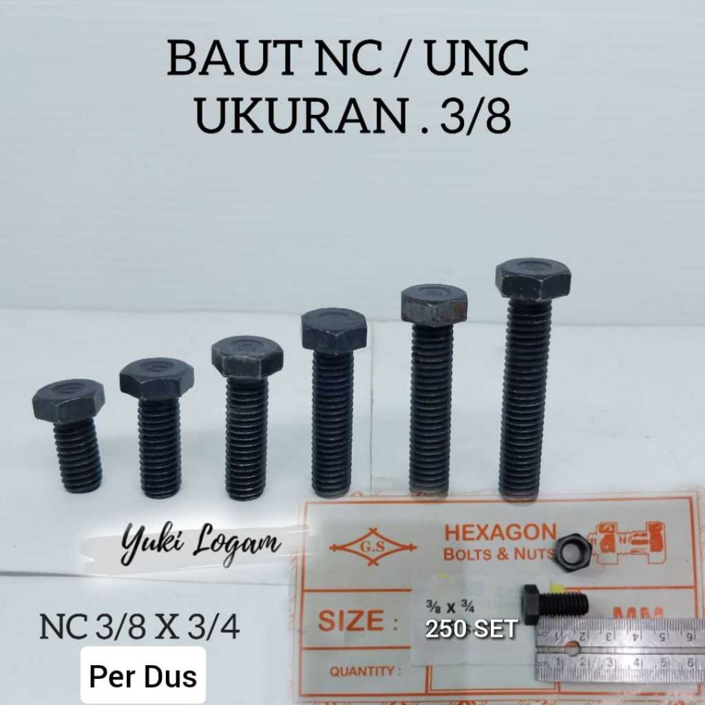 Jual 1 Dus Baut Mur NC/UNC 3/8 HEX hitam Kunci 14 panjang 3/4 inch ...