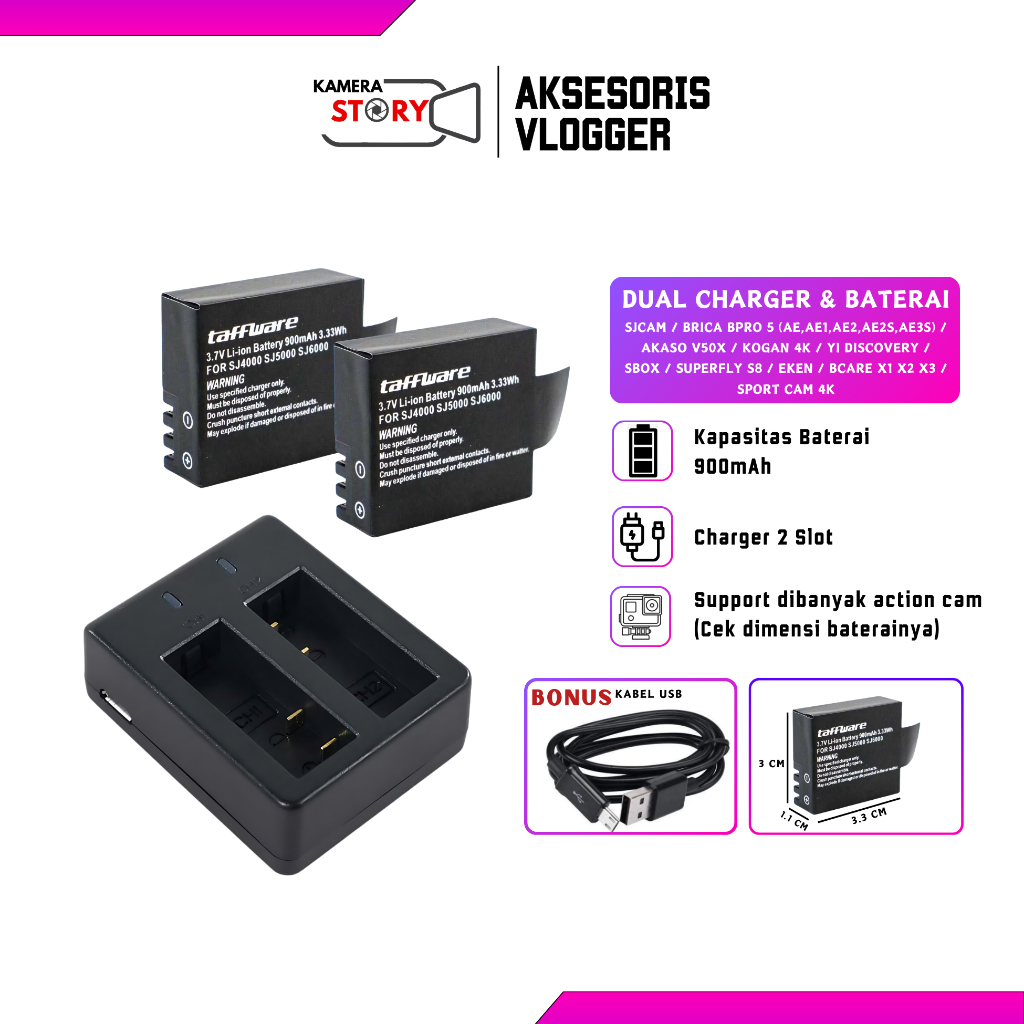 Jual Dual Charger & Battery Baterai Kogan 4k / Yi Discovery / SJcam ...