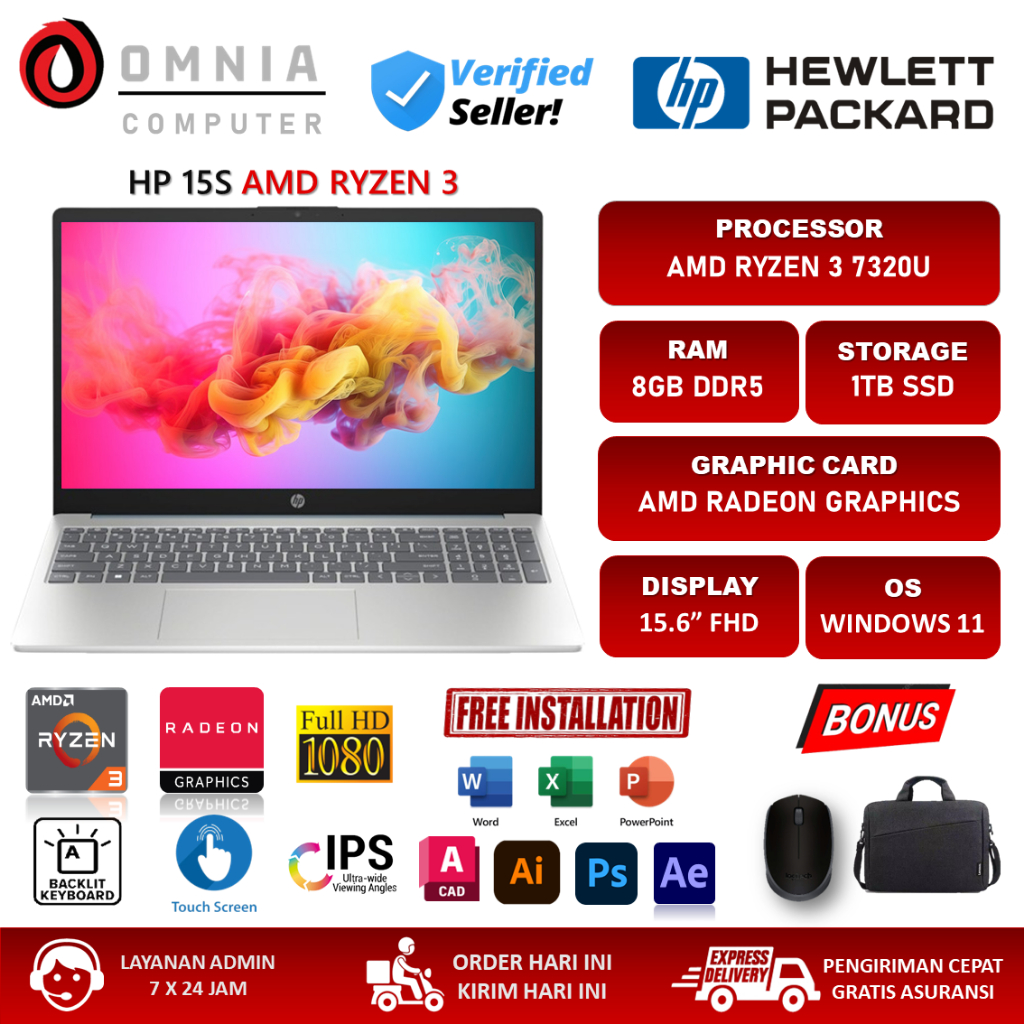 Jual Laptop HP 15 AMD Ryzen 3 7320U 8GB DDR5 1TB SSD 15.6 Inch FHD ...