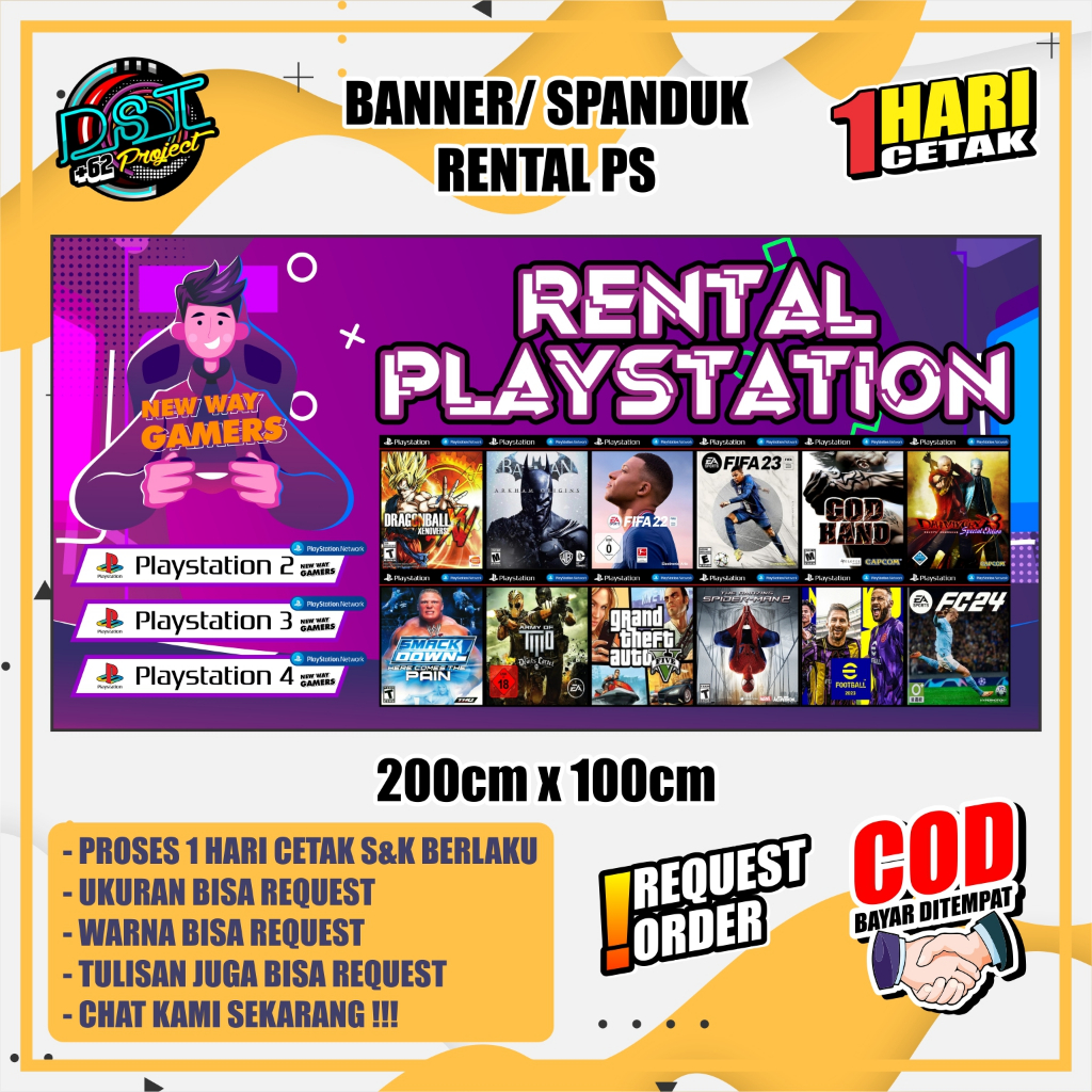 Jual BANNER / SPANDUK RENTAL PS TEMA UNGU 200cm x 100cm | Shopee Indonesia