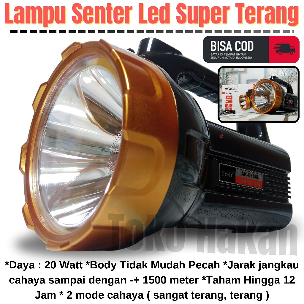 Jual Senter Led Aoki Ak-6686L Senter Led Super Terang 20 Watt Cahaya ...