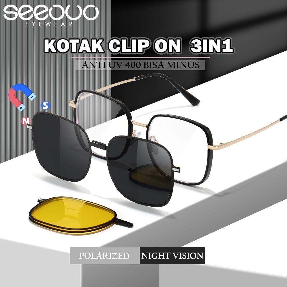 Jual Seeouo Kacamata Clip On 3 in 1 Antiradiasi Blueray Lensa Polarized Bentuk Kotak Asian Fit ...