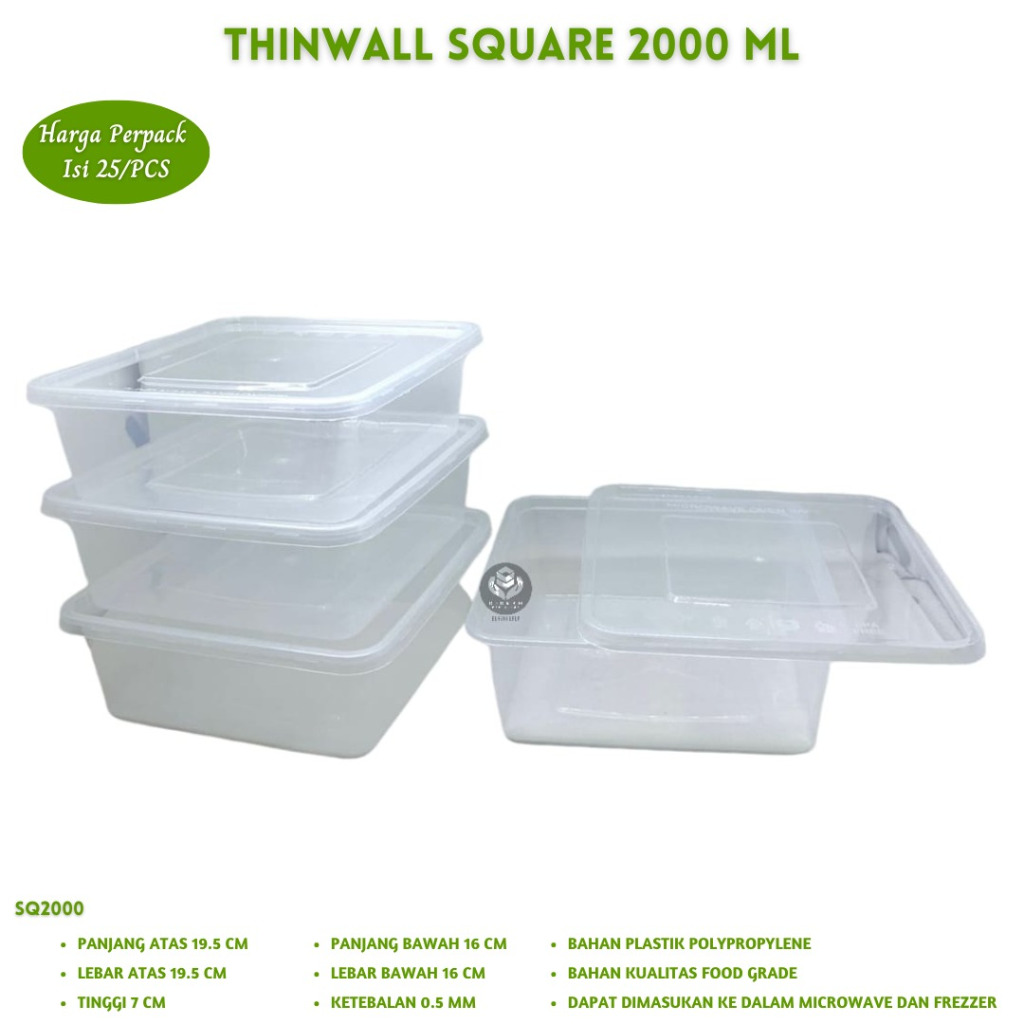 Jual Thinwall Squere 2.000 Ml Food Container 2000 Ml (Isi 25 Pcs-SQ2000 ...