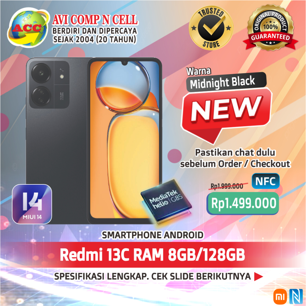 Jual Redmi 13C NFC RAM 8GB (4+4) 128GB ROM Midnight Black Android14 MIUI14 MediaTek Helio G85 ...