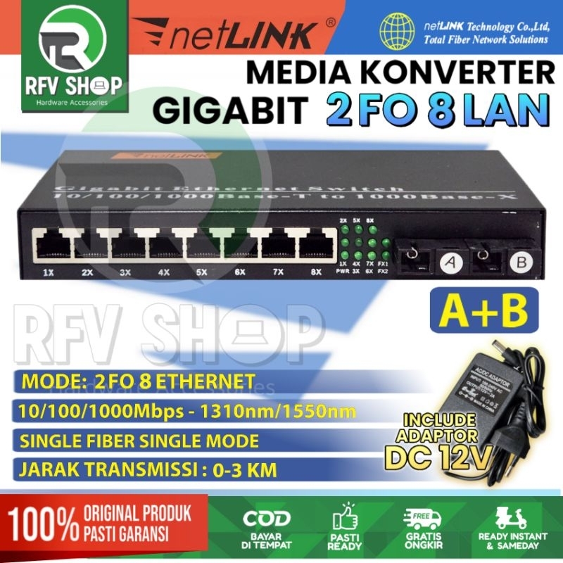 Jual Media Konverter 2 FO - 8 LAN Ethernet Gigabit Fiber Optic Switch Converter Netlink | Shopee ...