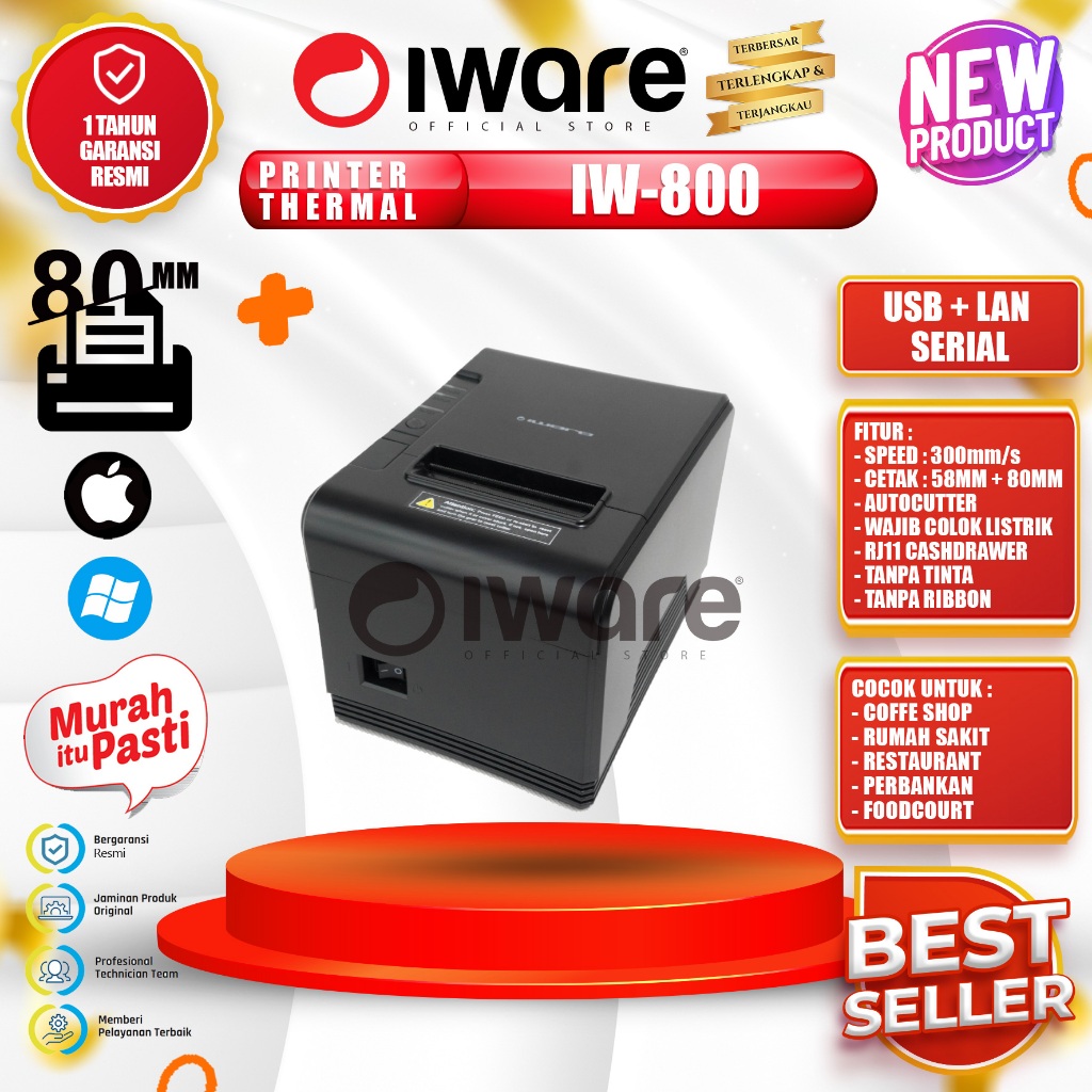 Jual Printer Thermal Iware IW-800 80mm Autocutter USB+SERIAL+LAN+RJ11 ...
