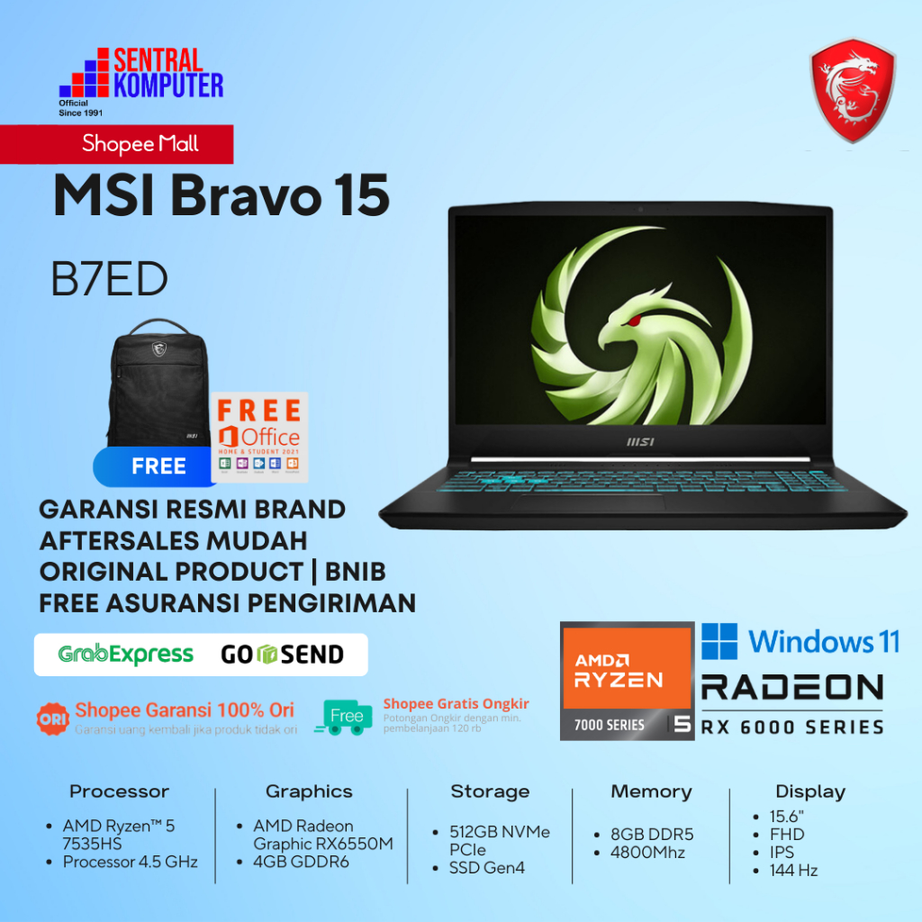 Jual MSI BRAVO 15 B7ED RYZEN 5-7535HS RX6550M 4GB 15.6" FHD 144Hz W11 ...