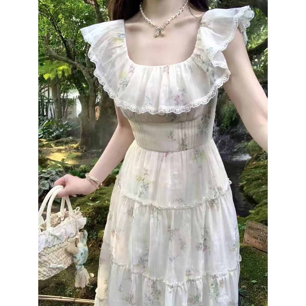 Jual Gaun bunga gaya vintage Prancis Rok Panjang Ruffle Lengan Terbang ...