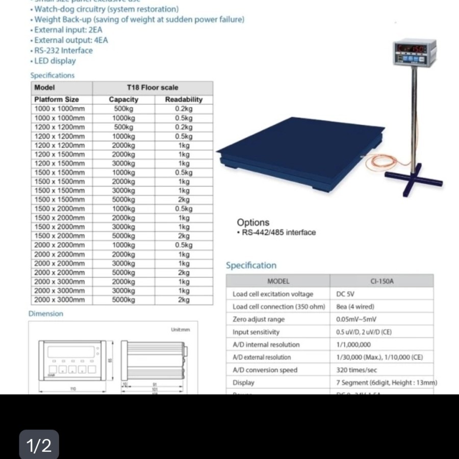 Jual FLOOR SCALE CAS CI-150A + OPTIONAL RS485 UKURAN 1M X 1M KAPASITAS 1 TON X 0.5KG / TIMBANGAN ...