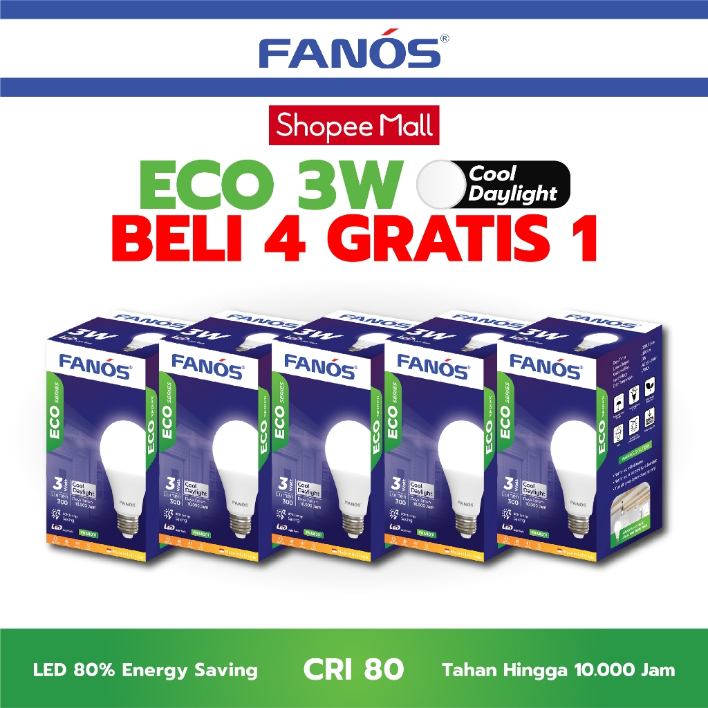 Jual Fanos Eco 3W [Beli 4 Gratis 1] Lampu LED Bohlam Cahaya Putih Bergaransi | Shopee Indonesia