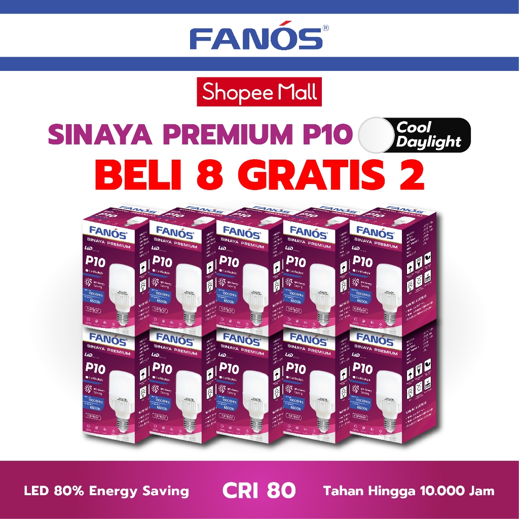 Jual Fanos Sinaya Premium 10W [Beli 8 Gratis 2] Lampu LED Bohlam Cahaya Putih | Shopee Indonesia