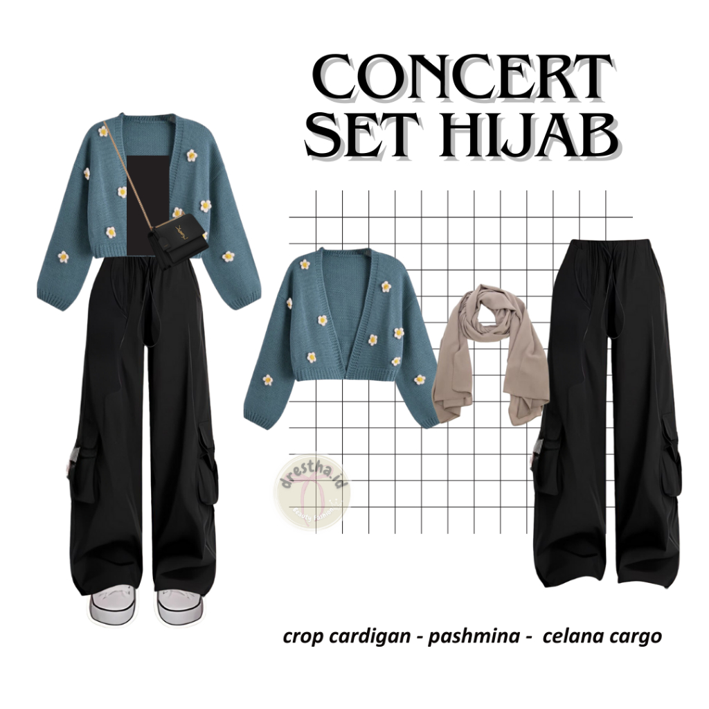 Jual One Set Korean Style Hijab 3IN1 Cardigan Crop Flower Denim + Celana Cargo + Pashmina Ceruty ...