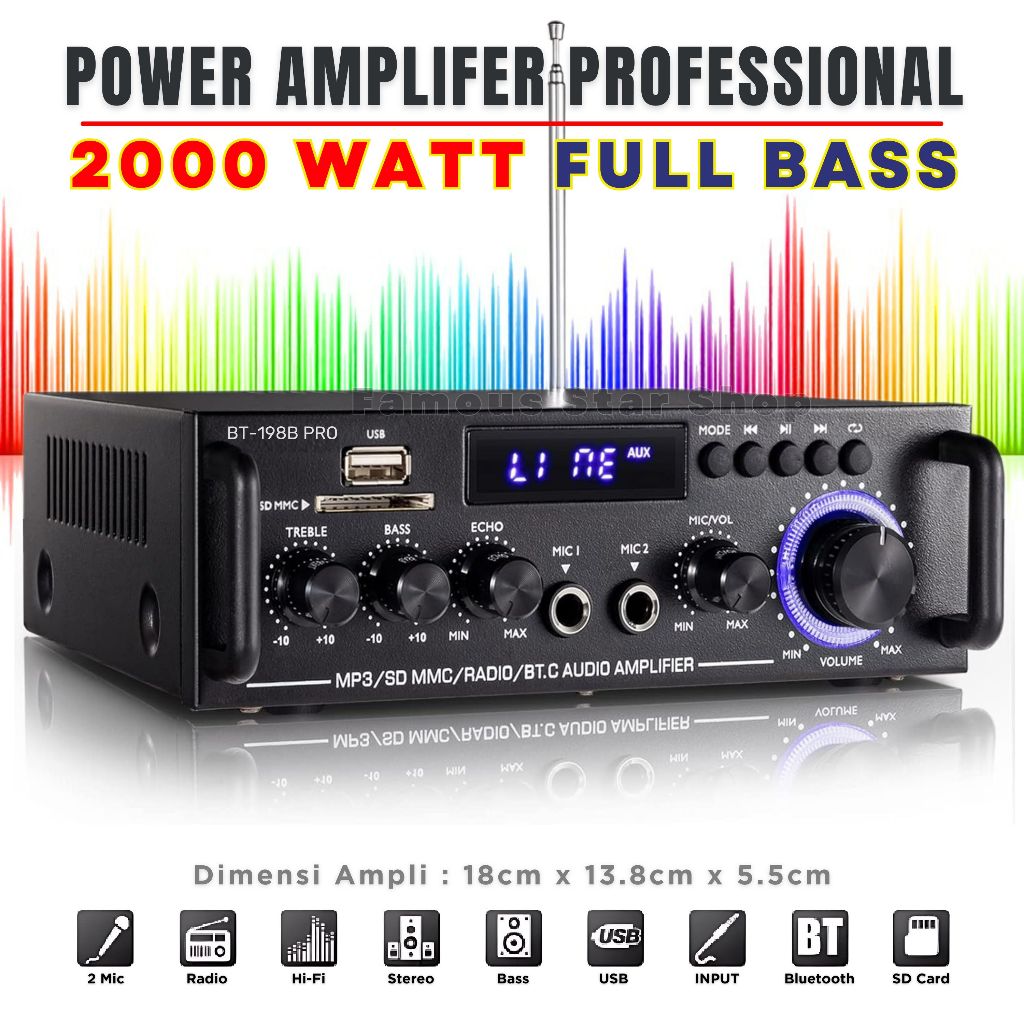 Jual Amplifier Daya 2000 Watt Full Bass Fleco BT-198B PRO Audio Penguat ...