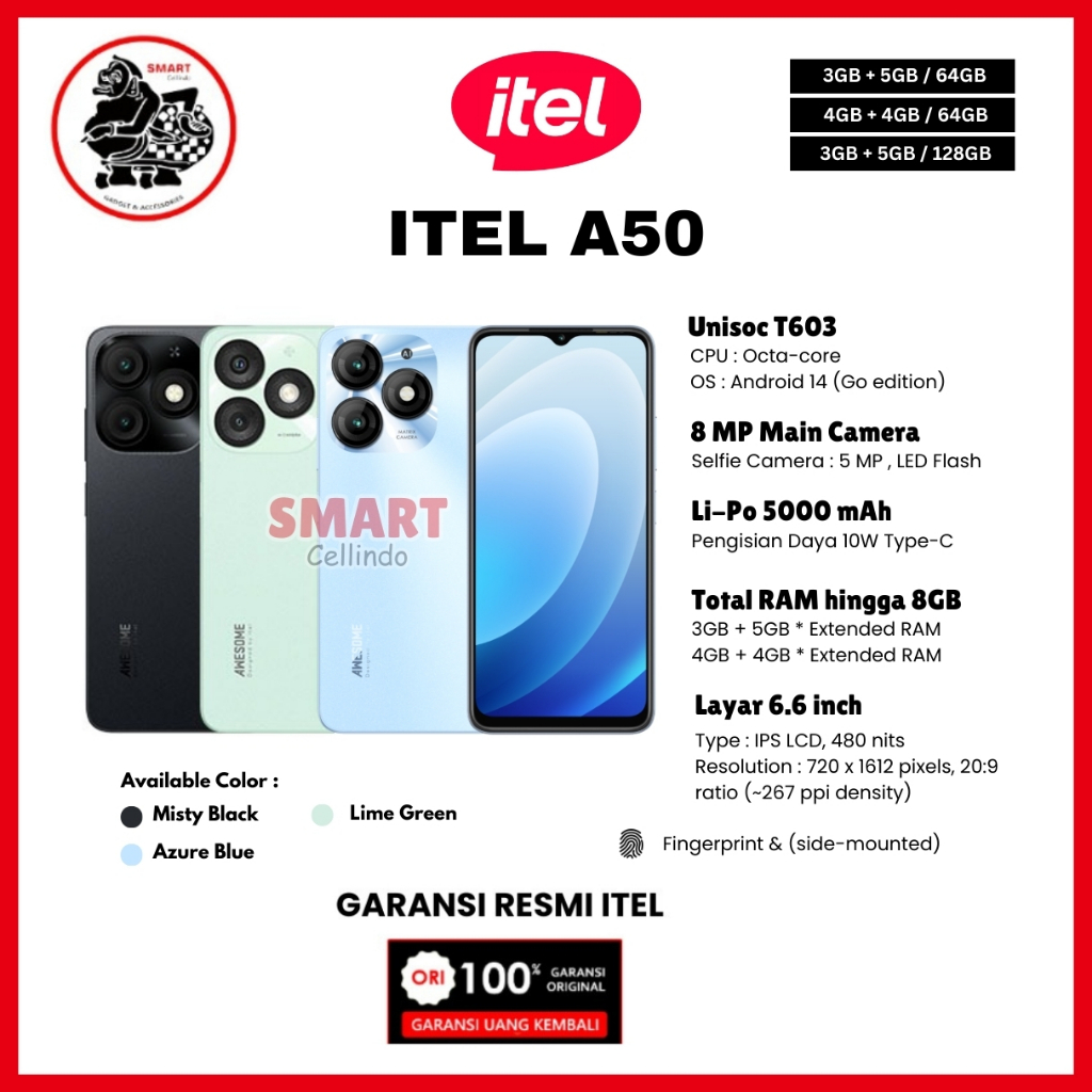 Jual HP ITEL A50 4/64GB, ITEL A50 3/64GB (GARANSI RESMI ITEL 1 TAHUN ...