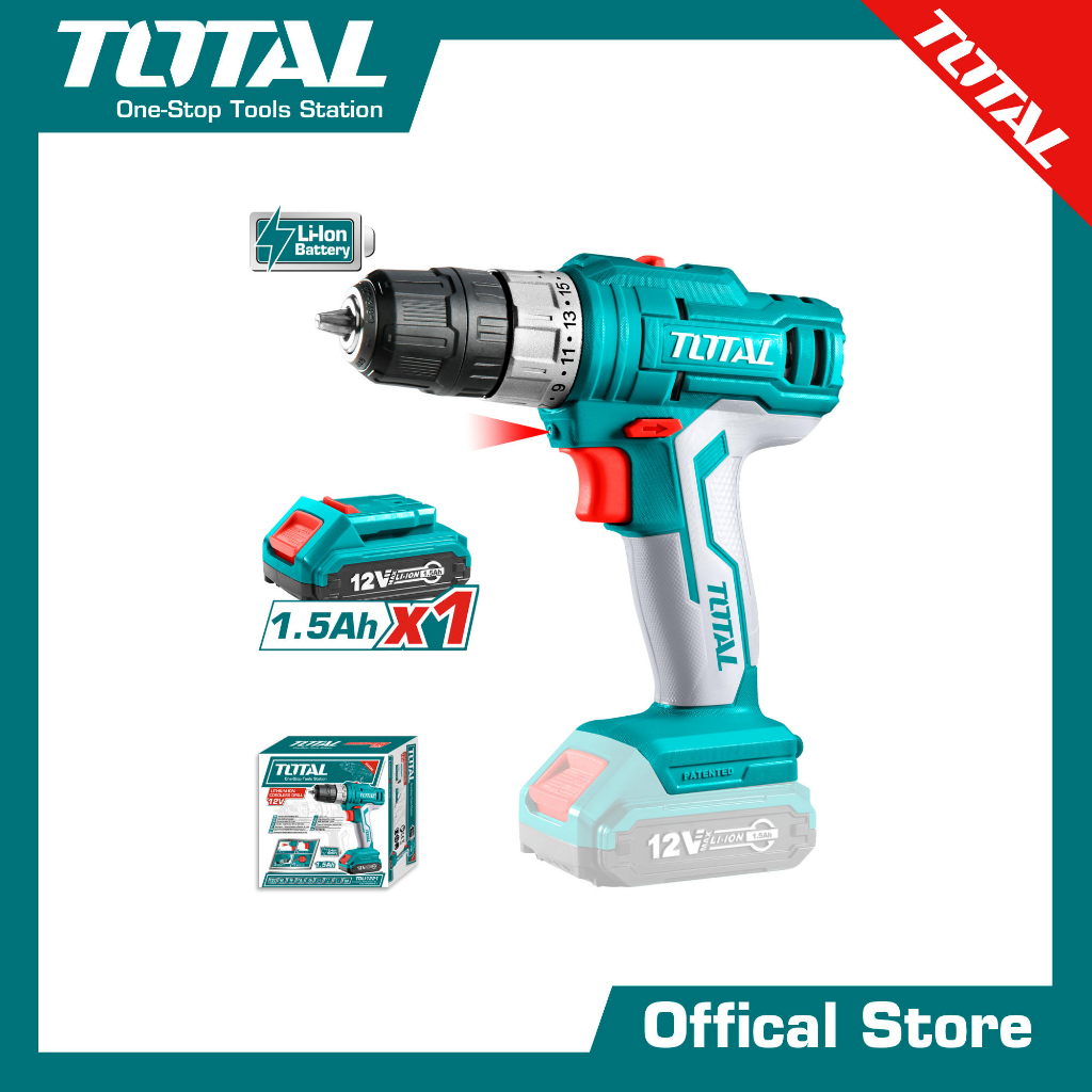 Jual Bor baterai cordless drill TOTAL TDLI1221 12V/25NM 1pc baterai 1pc ...