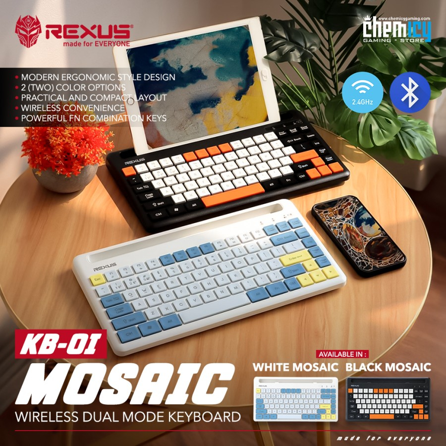 Jual Rexus KB01 / KB-01 Mosaic Wireless Dual Connection Gaming Keyboard ...