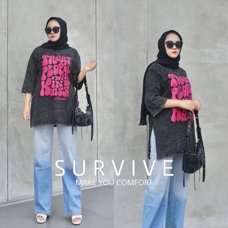 Jual t shirt wanita lengan 7/8 / kaos oversize wanita / atasan survive / kaos lengan panjang ...