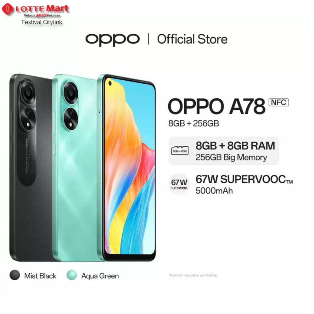 Jual OPPO A78 4G 8GB(+8GB)/256GB (67W SUPERVOOC, AMOLED FHD+, DUAL ...