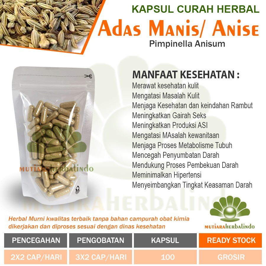 Jual ADAS MANIS Anise 100 Kapsul Curah Herbal Kesehatan Kulit ASI ...