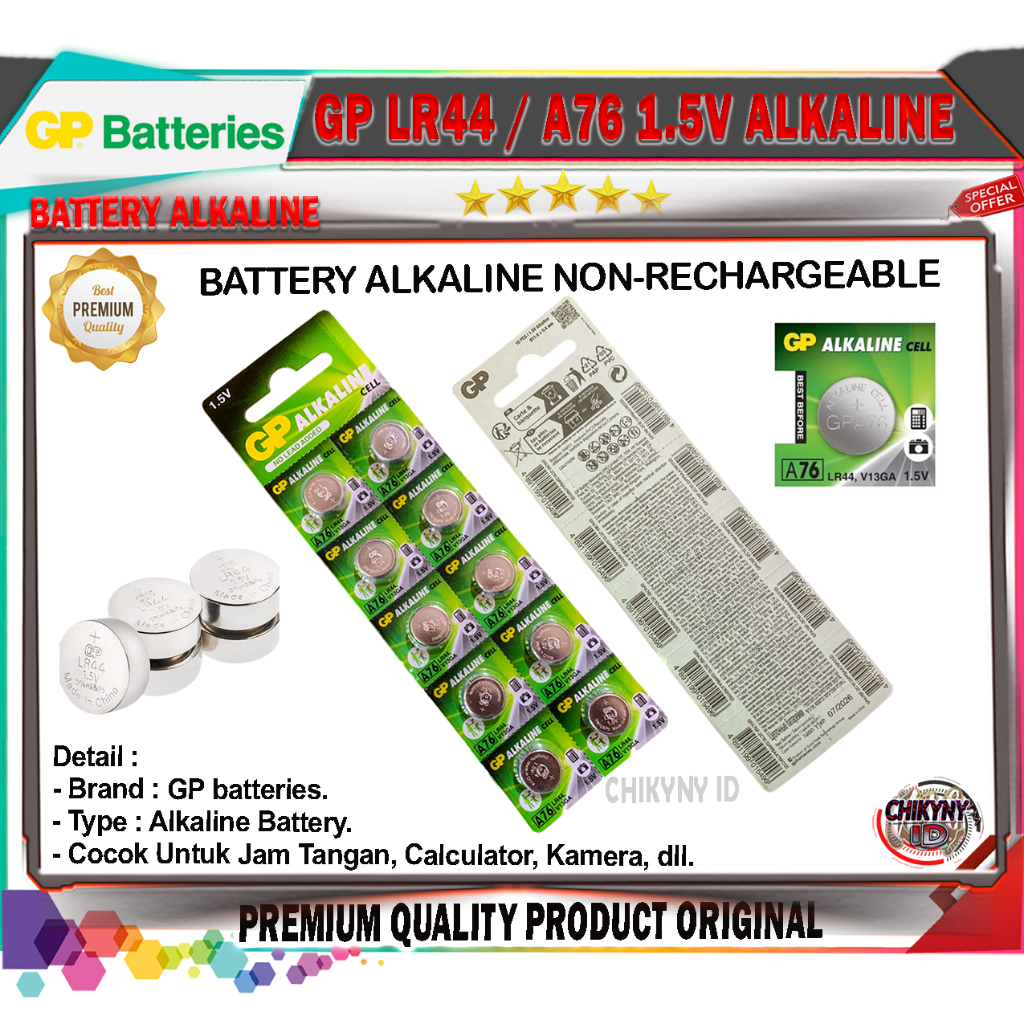 Jual BATERAI GP LR44 A76 1.5V ALKALINE GP ORIGINAL BATRE JAM KALKULATOR | Shopee Indonesia