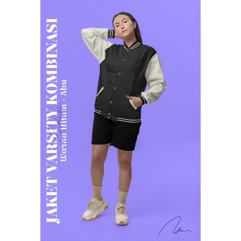 Jual Jacket Varsity kombinasi Abu Hitam polos pria/wanita Bisa COD ...