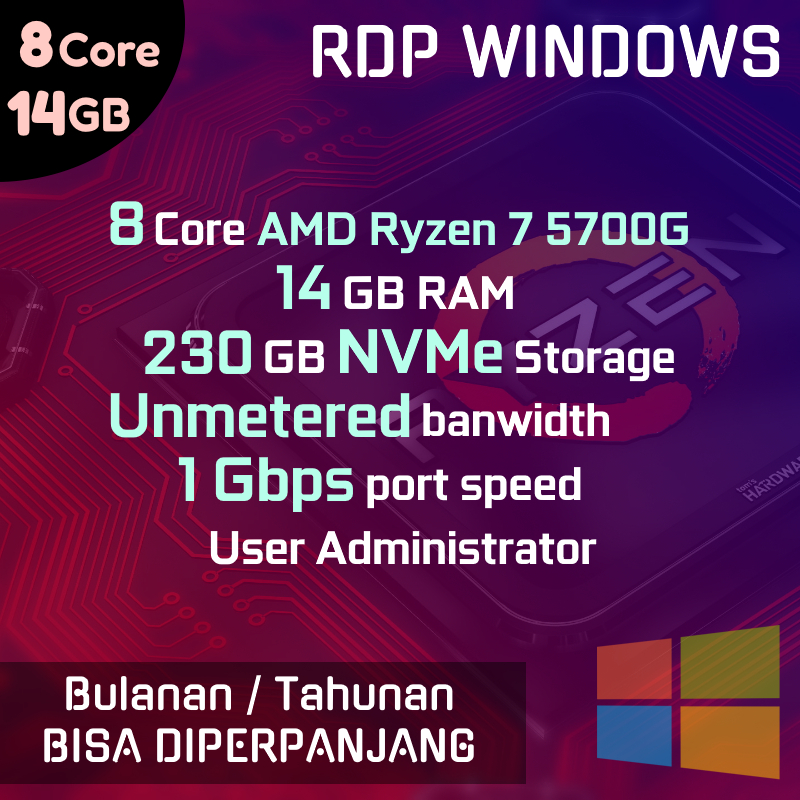 Jual RDP AMD Ryzen 7 ⭐ 8 Core - 14 GB - 230 GB NVme ⭐ Unmetered bandwidth @ 1Gbps port ⭐ BULANAN ...