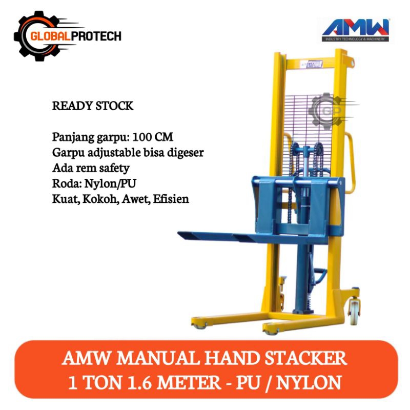 Jual [Garpu Panjang Ada Rem] AMW Manual Hand Stacker 1 Ton 1.6 Meter Pj ...
