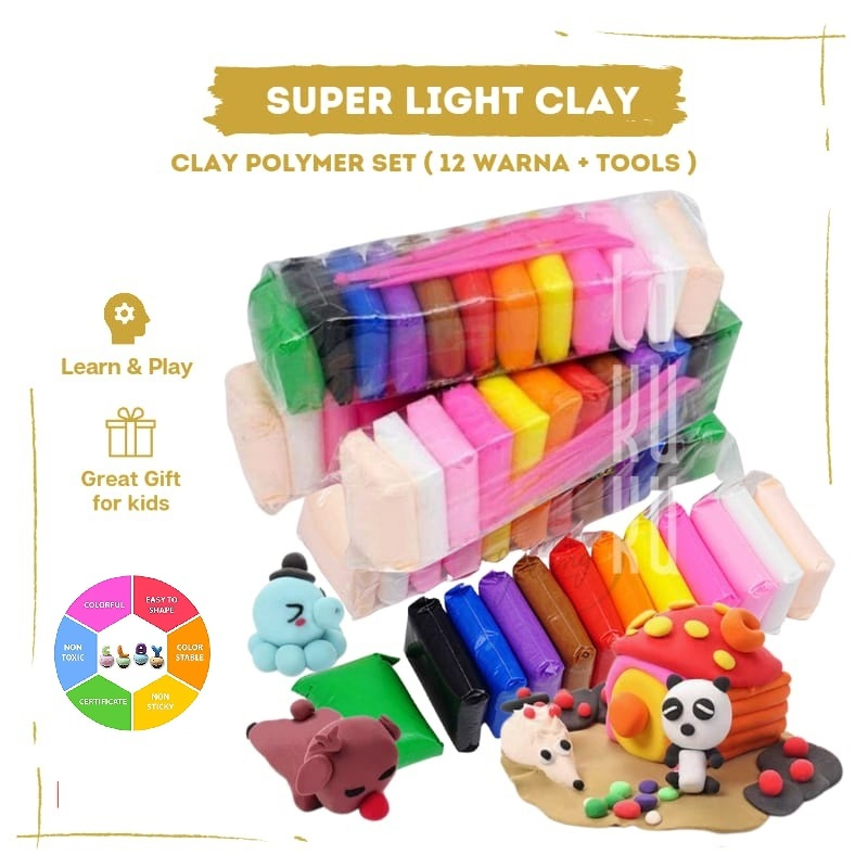 Jual Super Light Clay Lilin Mainan Anak / Clay Polymer Premium 12 Warna ...