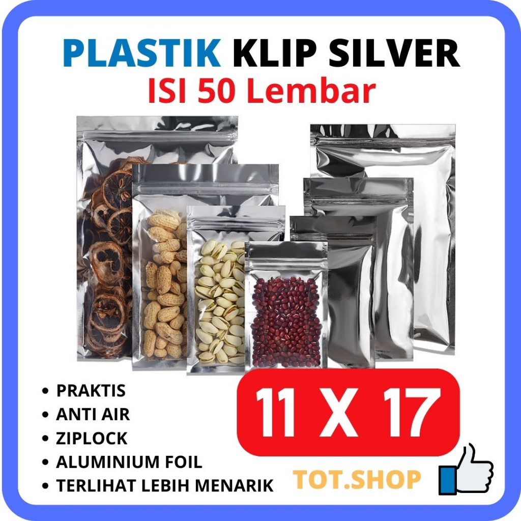 Jual [50-LBR] 11 x 17 Plastik Klip Silver Flat Alumunium Sachet Foil ...