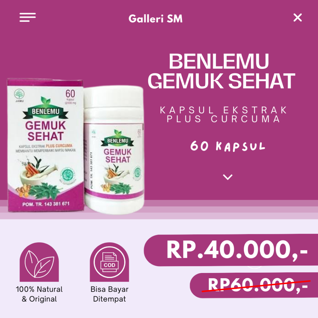 Jual Benlemu Gemuk Sehat Kapsul Membantu Memperbaiki Nafsu Makan Isi 60 ...
