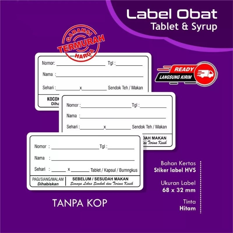 Jual isi 250 pcs Etiket Obat/Label Obat Sirup/Label Tablet Ready Stok ...