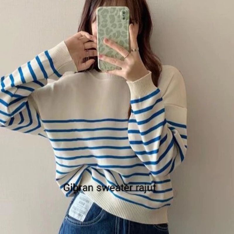 Jual SWEATER RAJUT WANITA STRIPE-HARU KNIT OVERSIZE | Shopee Indonesia