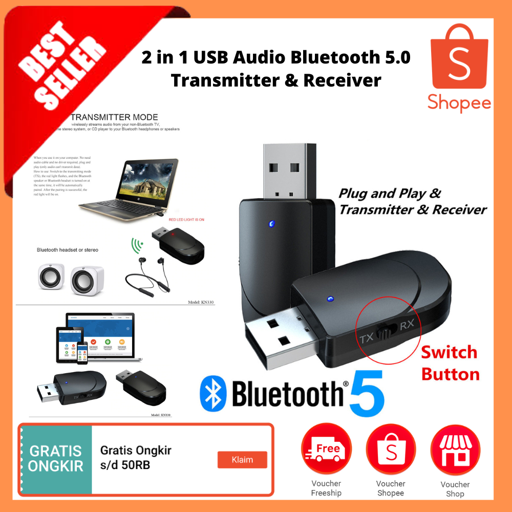 Jual 2 in 1 USB Audio Bluetooth 5.0 Transmitter & Receiver / Penerima ...