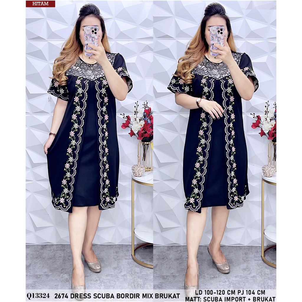 Jual 2674 DRESS SCUBA TEBAL MELAR KOMBINASI BORDIR ADA BRUKAT Q13325 | Shopee Indonesia