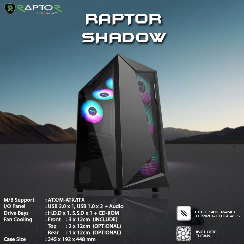 Jual Casing PC Gaming Power Up Raptor Shadow with 3 Fan RGB ATX Gaming ...