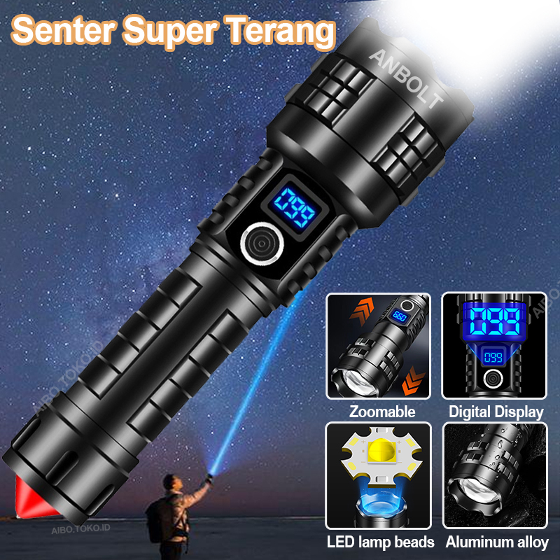 Jual Anbolt Senter LED Super Terang 90000 lumens Zoom Anti Air Flashlight with 26650 USB C ...
