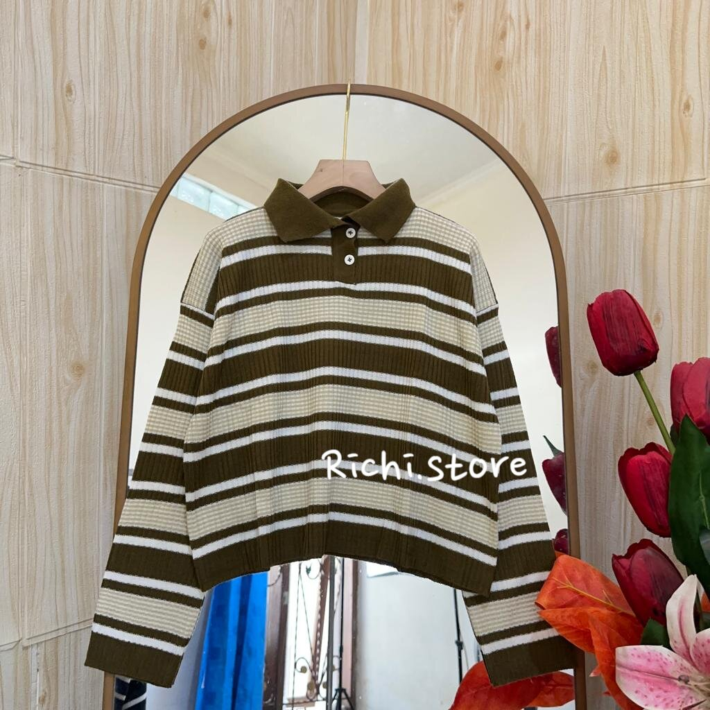 Jual Zaviya Polo Crop Atasan Wanita Rajut Lengan Panjang Bergaris ...