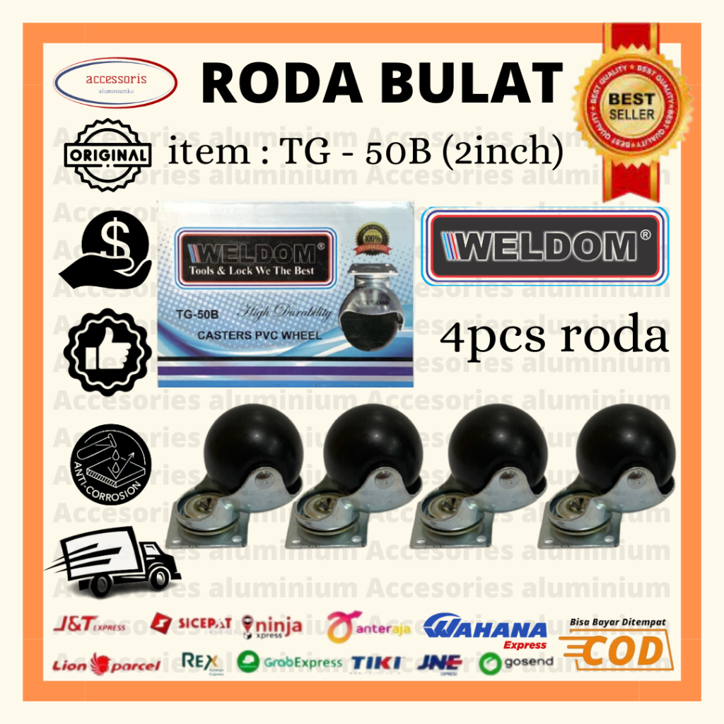 Jual Roda Caster Bulat 2" Karet Hidup Lemari Etalase Troli TG-50B 1 Box ...