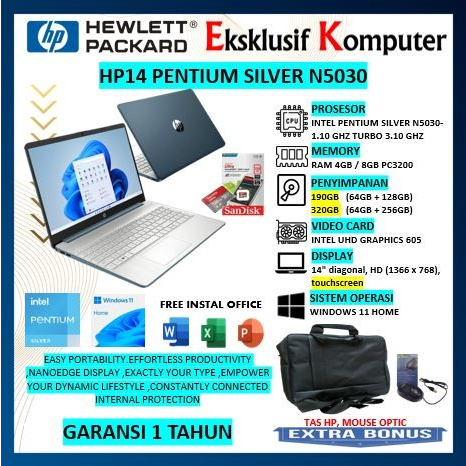 Jual HP14 INTEL PENTIUM SILVER N5030 4GB 64GB + 128GB / 256GB 14.0 ...