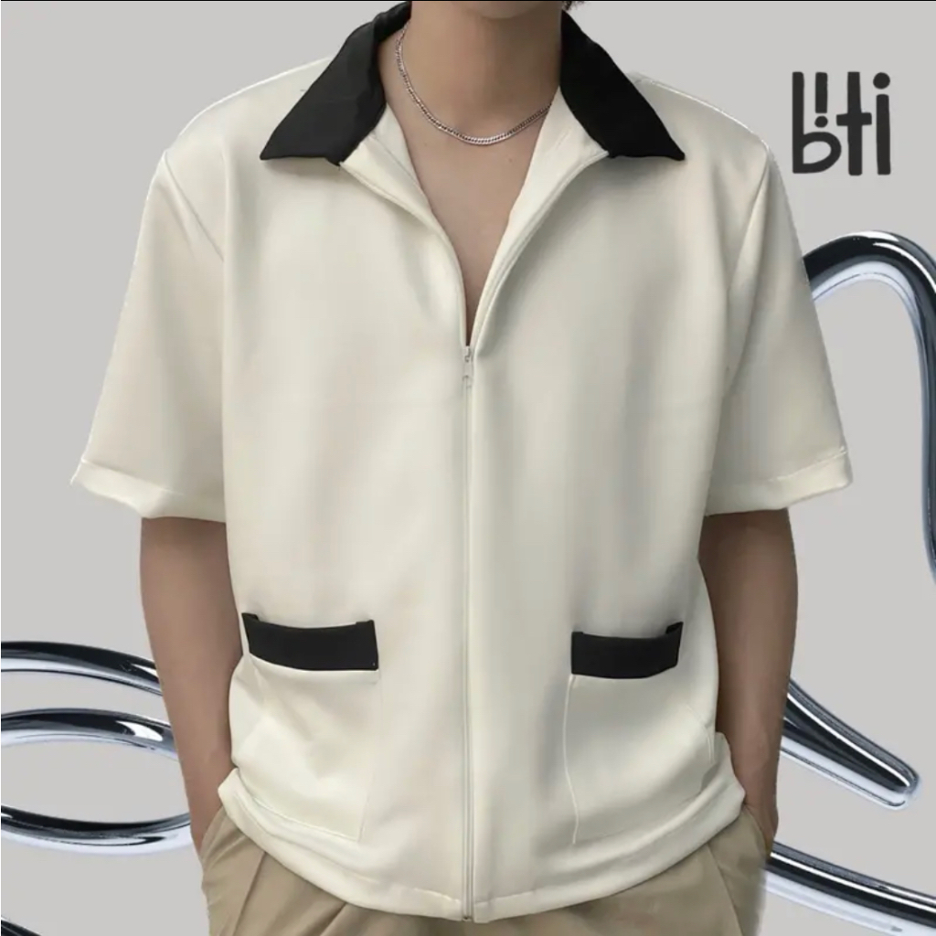 Jual BITI Zip Korean Timeless Jacket Semi Kemeja Scuba Hitam Putih ...