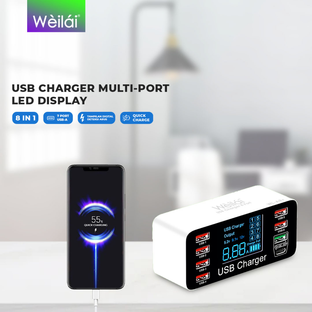 Jual Weilai WL-A9+ Super Charger USB Type-C Rev 3.0 8 Port Smart LED ...
