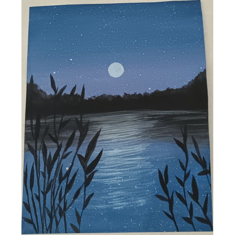 Jual Twilight & Moon by the Lake Watercolor Painting/Lukisan Bulan ...