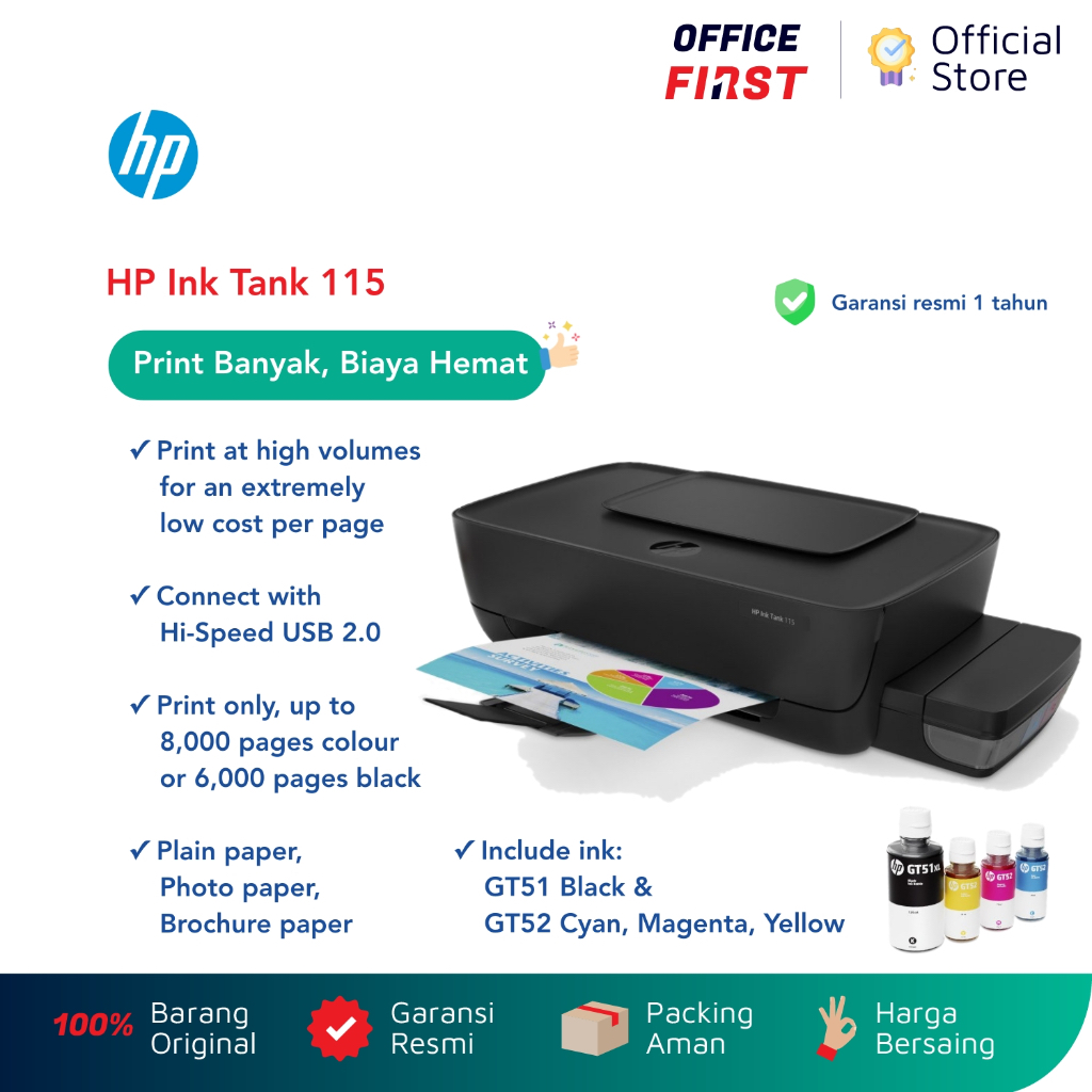 Jual HP Ink Tank 115 Printer Tinta GT51 GT52 Hitam Warna Print Only ...