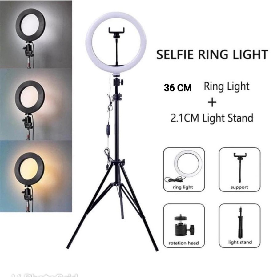 Jual Lampu Ring Light Full Light 36 Cm + Tripod 2,1 Meter | Shopee ...