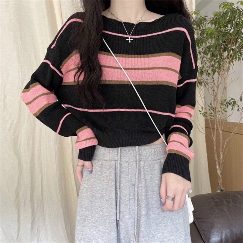 Jual SWEATER RAJUT CROP ZEMMA MOTIF GARIS KNITT PREMIUM | Shopee Indonesia