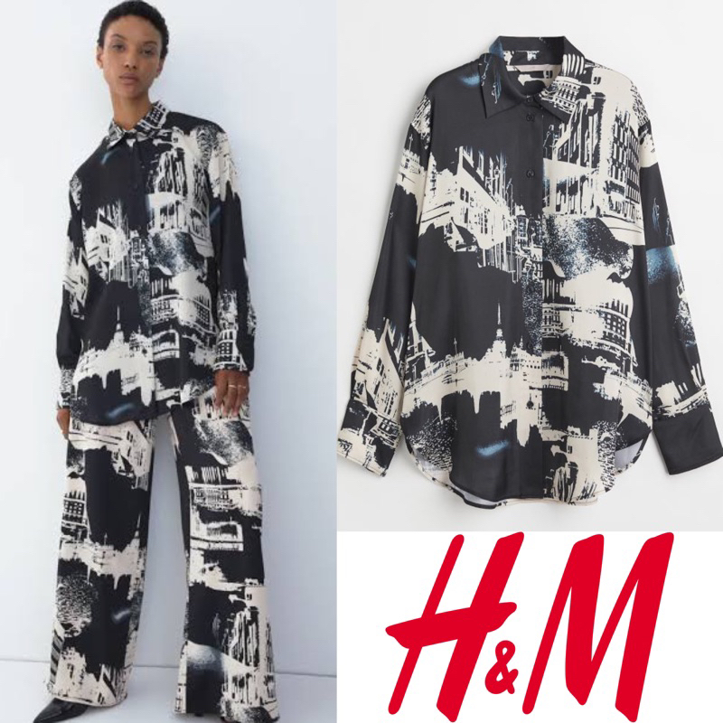 Jual H&m hnm satin shirt abstract city with a sheen kemeja | Shopee ...